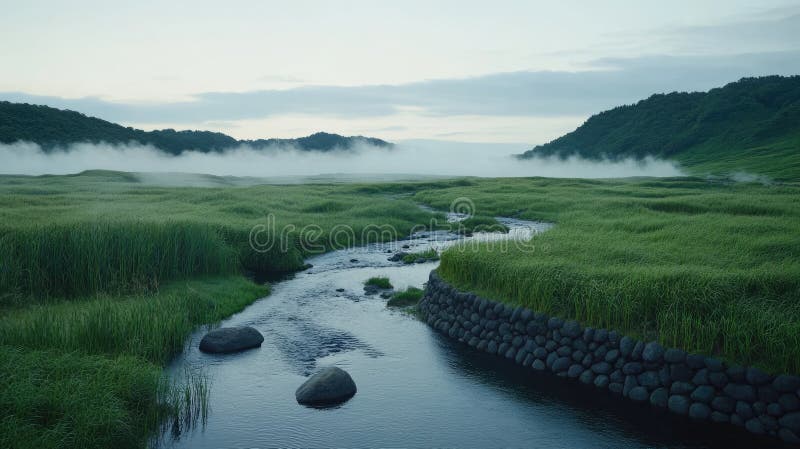 Lush Grass Surrounds a Stone Wall while Small Streams Meander through a ...