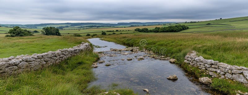 Lush Grass Surrounds a Stone Wall while Small Streams Meander through a ...