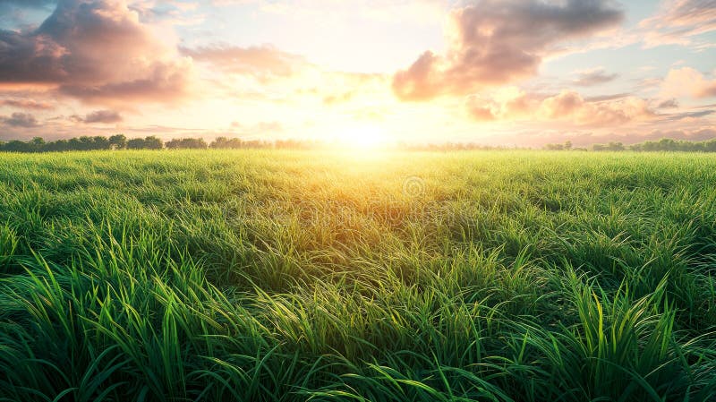 Lush Grassland at Sunset with Vibrant Sky and Glowing Sun. Ai ...