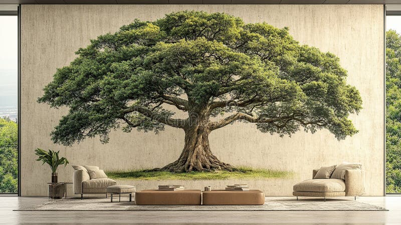 Lush Green Ancient Tree in Modern Living Room Stock Illustration ...