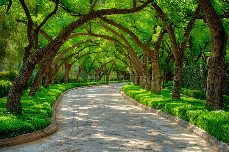 Lush Green Archway Along a Winding Path in a Tranquil Garden Setting ...