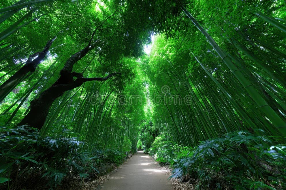 Lush Green Bamboo Pathway in a Serene Forest Setting during Daylight ...