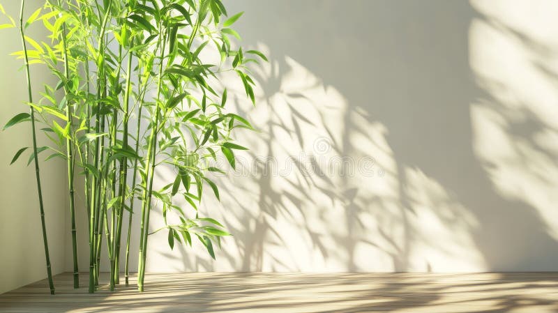 A Lush Green Bamboo Plant Stands Gracefully Against a White Wall Casting a Beautiful Shadow ...