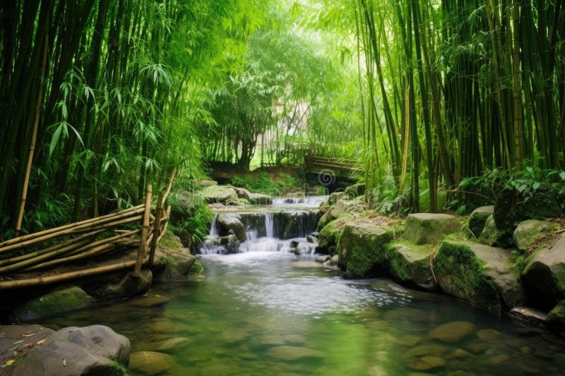 Lush Green Bamboo Surrounds a Secluded Hot Spring Stock Illustration ...