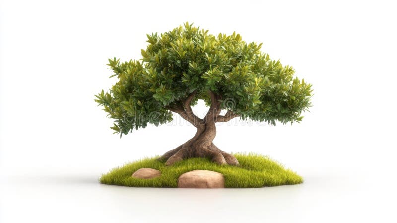 Lush Green Bonsai Tree on Grass with Rocks Stock Illustration ...