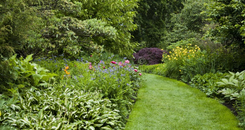 Lush Green Botanical Garden - Blooming Spring Flowers and Lawn Path ...