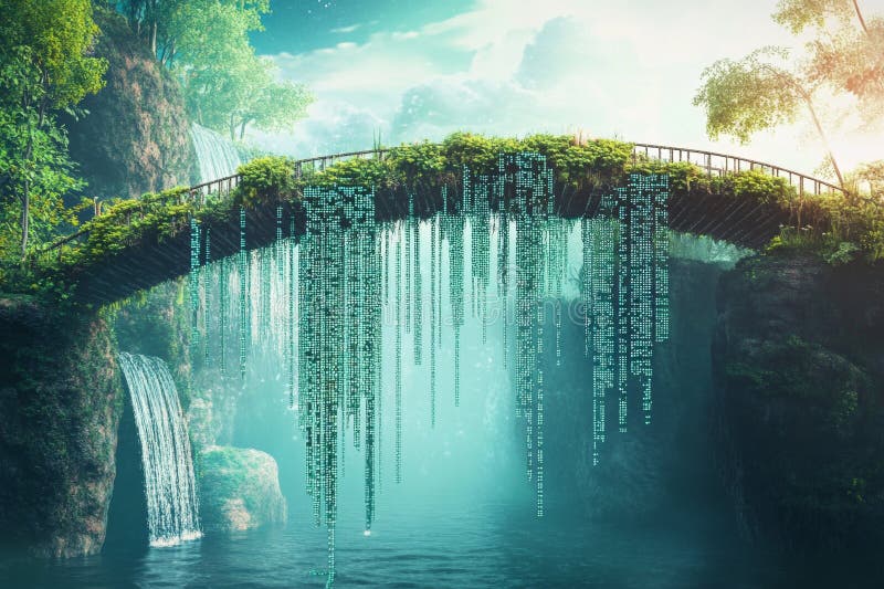 Lush Green Bridge Over a Waterfall with Cascading Water in a Serene ...
