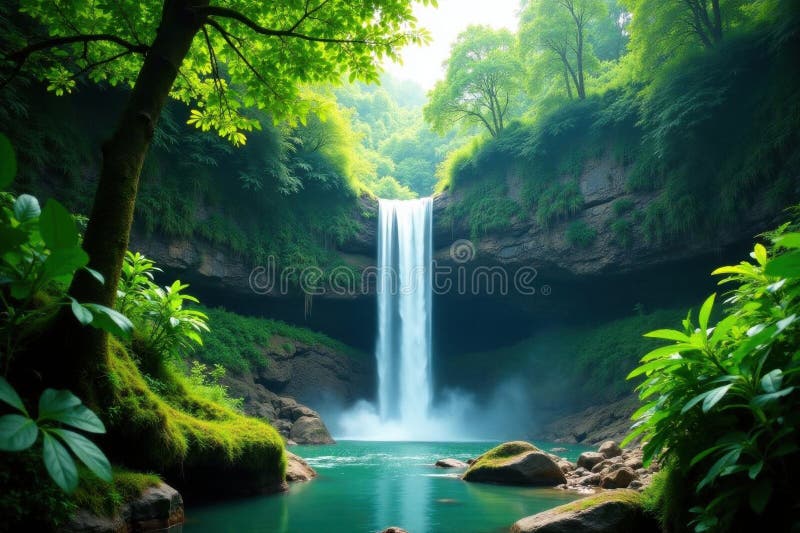 Lush Green Canopy Frames Cascading Waterfall, Thailand, Lush, View ...