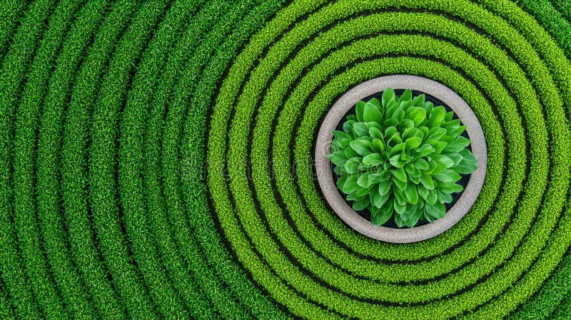 Lush Green Circular Patterns with Potted Plant at Center Stock ...