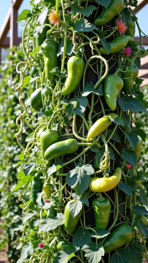 Lush Green Climbing Peppers on a Garden Trellis in Sunlit Summer Stock ...