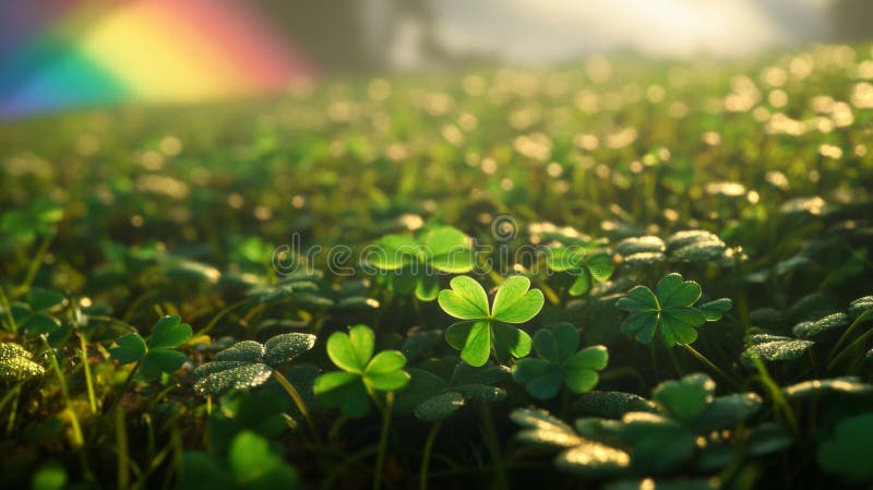 Lush Green Clover Field with Rainbow in the Background Stock ...