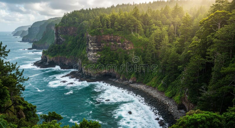 Lush Green Coastline with Dramatic Cliffs and Ocean Waves Stock ...