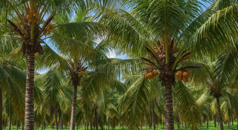 Lush Green Coconut Palm Trees Under Bright Sunlight Stock Illustration ...