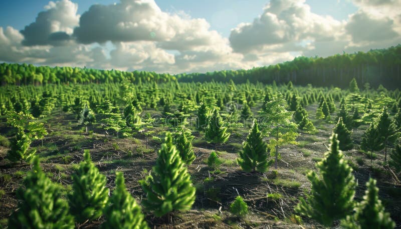 Lush Green Conifer Seedlings Growing in a Vibrant Forest Under a Partly ...