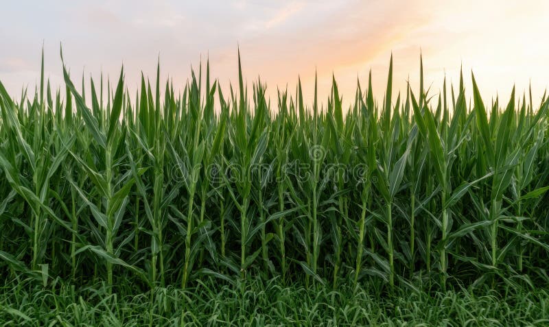 Lush Green Corn Field at Sunset Stock Illustration - Illustration of ...