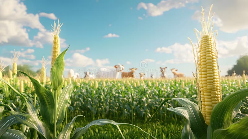 Lush Green Cornfield with Ripe Corn and Grazing Cows Under Blue Sky ...
