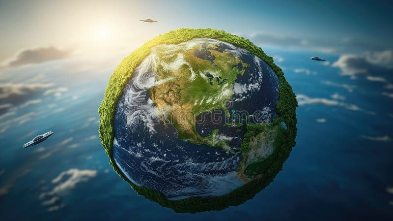 Lush Green Earth Surrounded by Ocean with Floating Ships Under a Bright ...