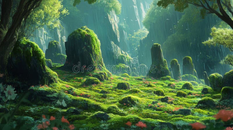 Lush Green Fantasy Forest Landscape with Mossy Rocks Stock Illustration ...