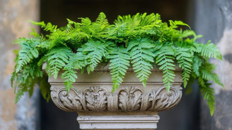 Lush Green Fern in Ornate Stone Pot Stock Illustration - Illustration ...