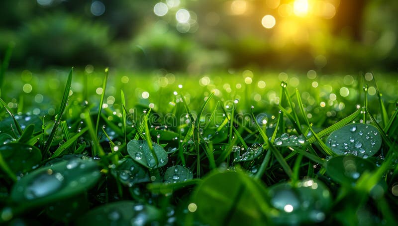 A Lush Green Field with Dew Drops on the Grass Stock Photo - Image of ...