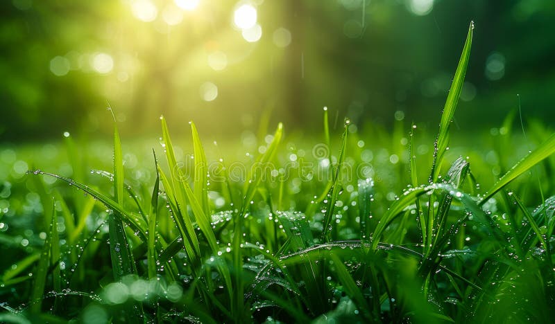 A Lush Green Field with Dew on the Grass. the Grass is Wet and the Sun ...