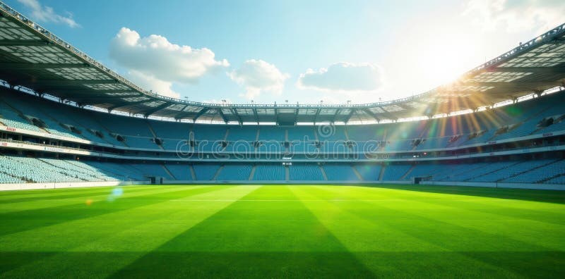 Lush Green Field Dominates Empty Stadium Bathed in Sunlight , Sunlight ...