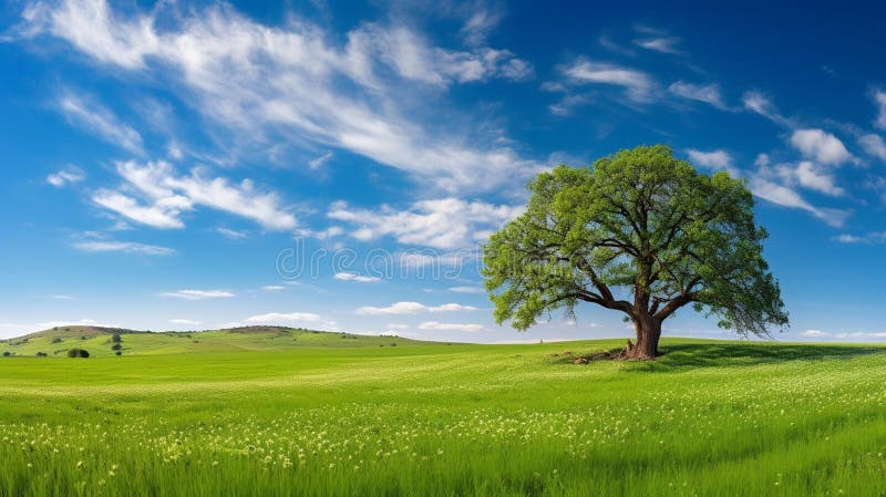 Lush Green Field of Grass Dotted with a Single Tree, AI-generated ...