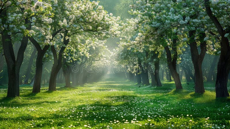 A Lush Green Field with a Path of Trees Leading through it Stock Photo ...
