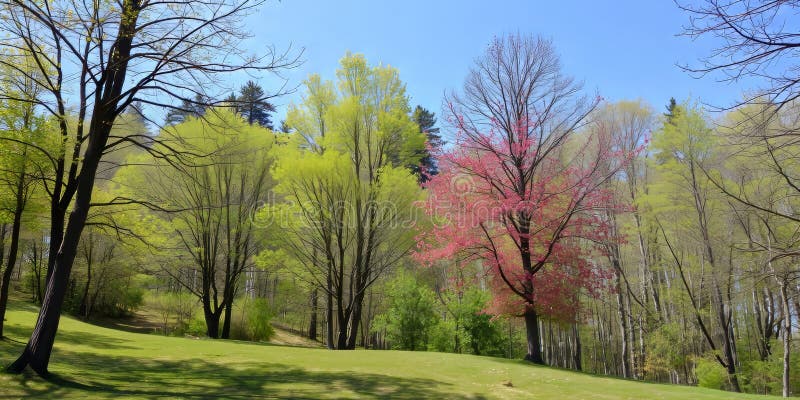A Lush Green Field with a Vibrant Red Tree Stock Illustration ...