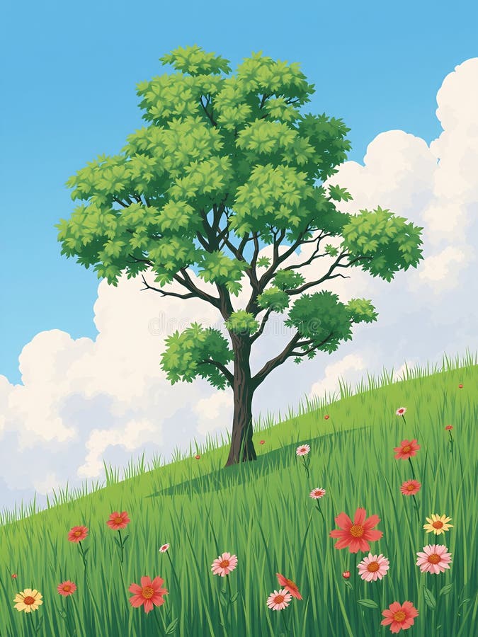 A Lush Green Field with Wildflowers and a Single Tree Under a Bright ...