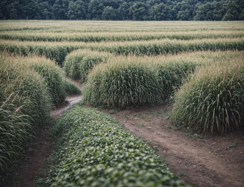 Lush Green Fields with Overgrown Grass and Winding Pathway on a Cloudy ...