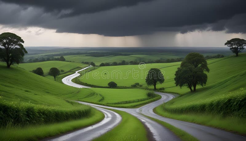 Lush Green Fields Under a Dramatic Sky with Dark Clouds and Rain ...