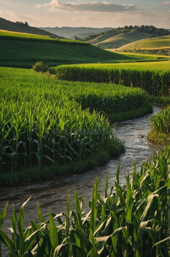 Serene Cornfield Landscape with Winding River at Sunset Stock ...