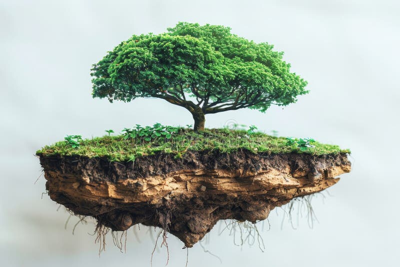 A Lush Green Floating Tree with Roots Extending Downward Against a ...