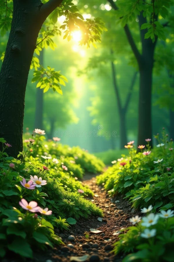 Lush Green Foliage, Dappled Sunlight, Vibrant Spring Bloom, Grass, Vine ...