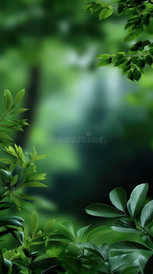 Lush Green Foliage Frame with Blurred Forest Background Creating a ...
