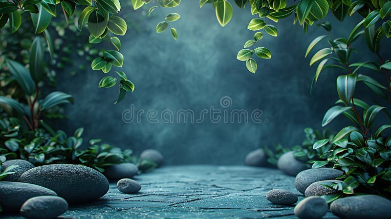 Lush Green Foliage Frames a Misty, Stone Pathway Stock Illustration ...