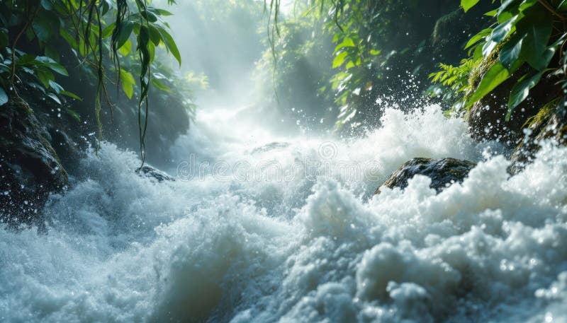 Lush Green Foliage Frames Raging River Water Stock Image - Image of ...