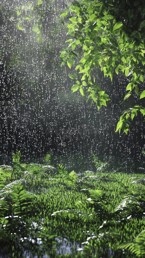 Lush Green Foliage and Grass Under Gentle Spring Rain, Creating Serene ...