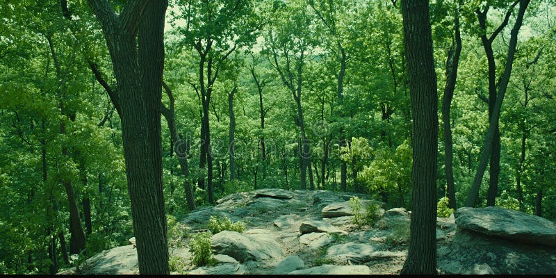 Lush Green Forest Canopy Sunlight Dappled Path Rocks Scenic Nature ...