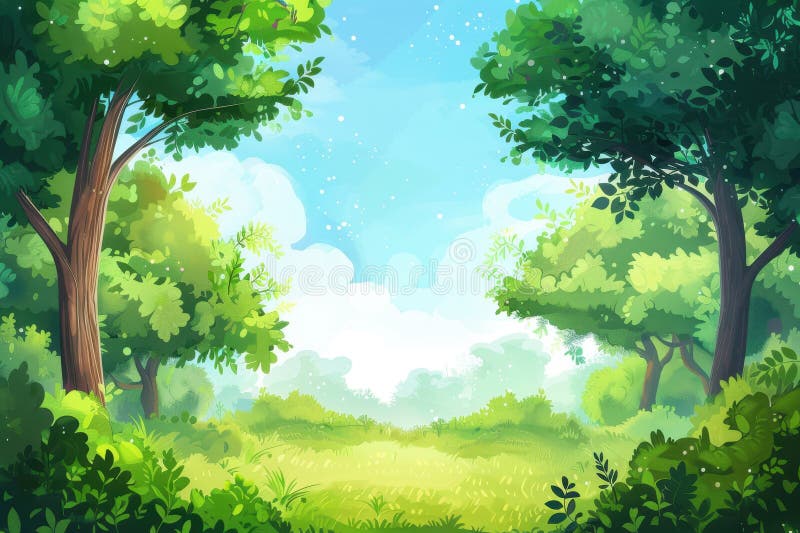 Lush Green Forest Clearing with a Blue Sky and White Specks Stock ...