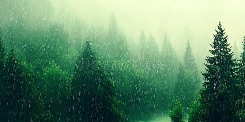 Lush Green Forest in Heavy Rain Nature Scene Stock Illustration ...