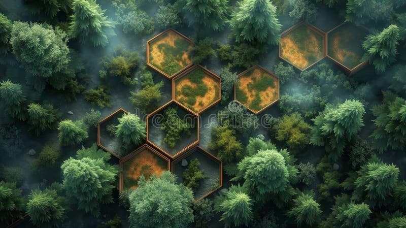 Enchanted Forest: Hexagonal Platforms Amidst Lush Green Canopy Stock ...