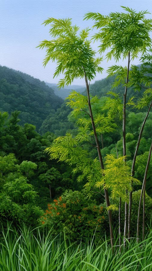 Lush Green Forest Landscape with Bamboo Trees and Rolling Hills ...