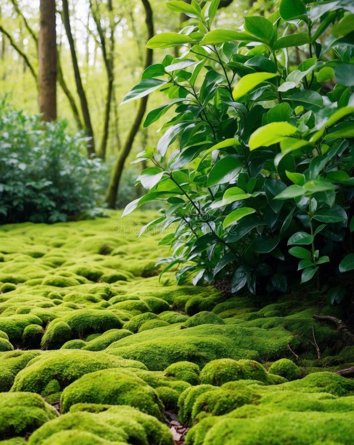 Lush Green Forest with Mossy Ground and Dense Foliage. Stock Image ...
