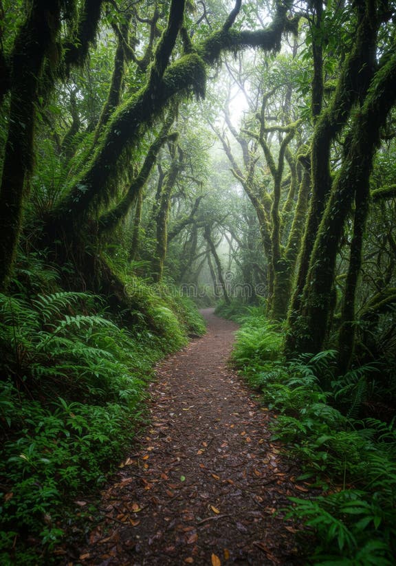 Lush Green Forest Path with Mossy Trees Stock Image - Image of peaceful ...