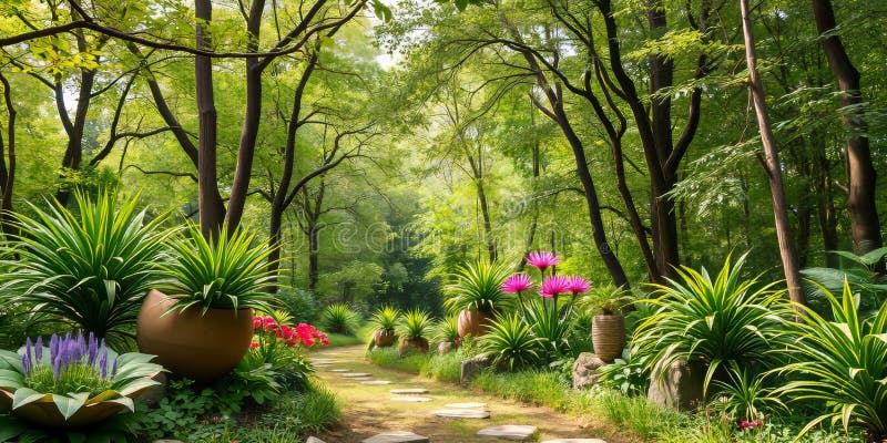 A Lush Green Forest Path with Pink Flowers Stock Illustration ...