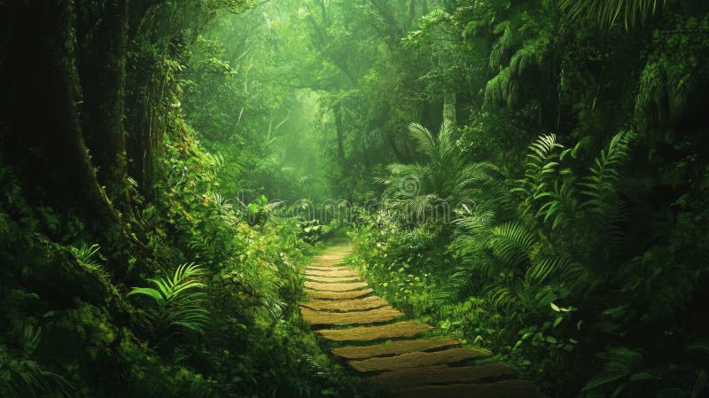 Lush Green Forest Path with Stone Steps Stock Illustration ...