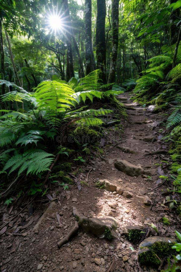 Lush Green Forest Path with Sunlight Shining through the Trees Stock ...