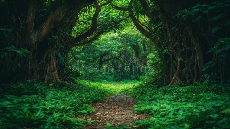 Lush Green Forest Path Sunlight Tropical Jungle Stock Illustration ...